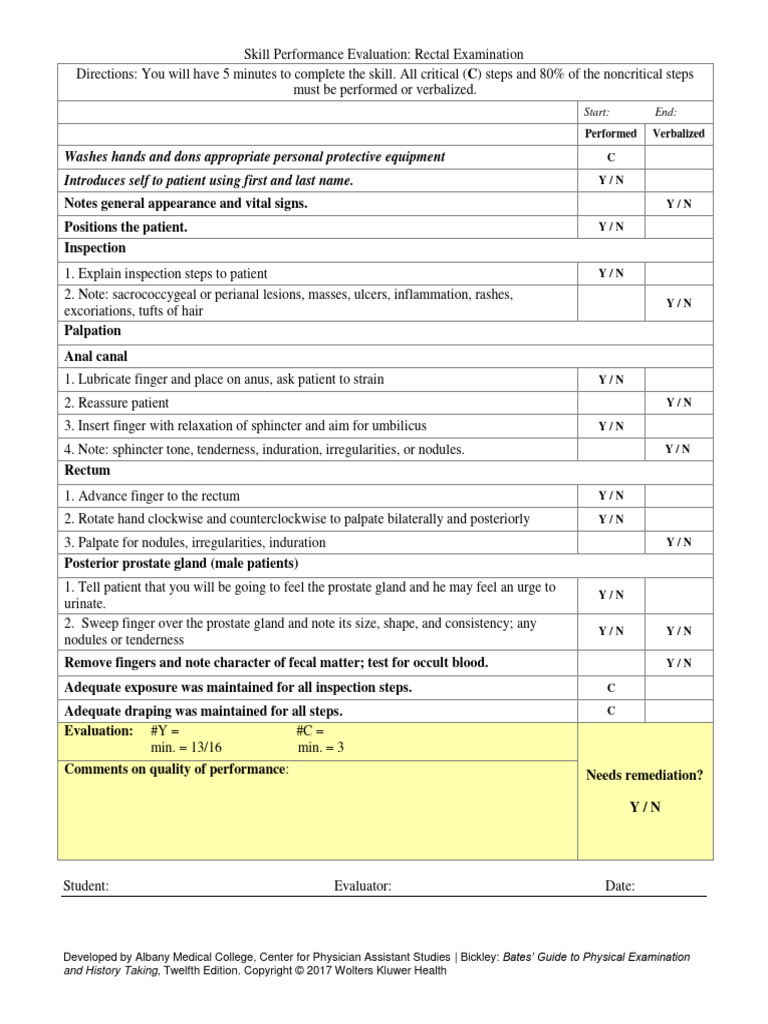 Rectal Exam Skill Sheet | PDF | Rectum | Physical Examination