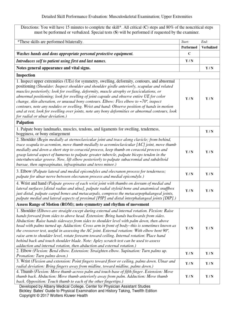 Upper Extremity Detailed Skill Sheet | PDF | Anatomical Terms Of Motion ...