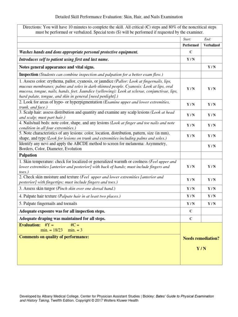 Skin Exam Detailed Skill Sheet | PDF