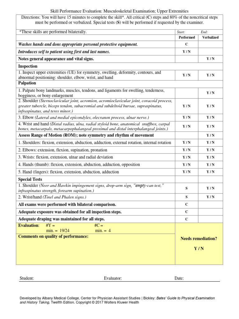 Upper Extremity Skill Sheet | PDF