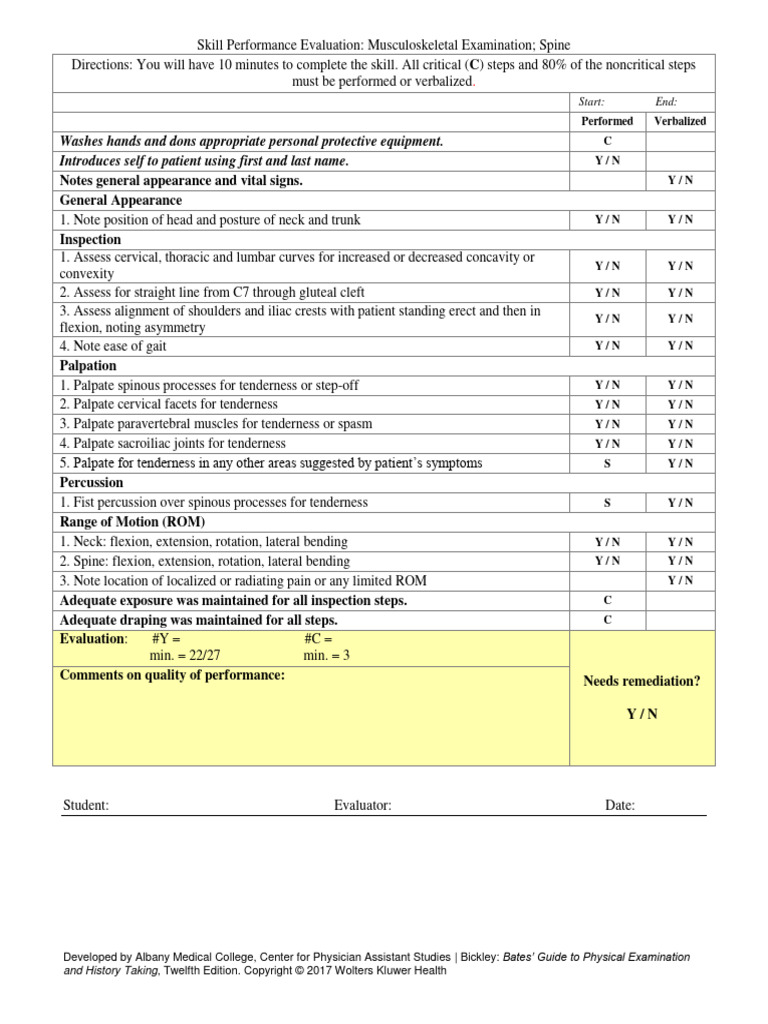 Spine Skill Sheet | PDF | Vertebral Column | Vertebra
