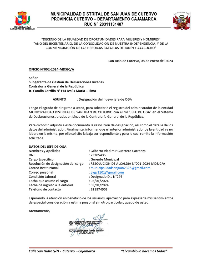 Oficio N°002-2024 Solicito Regitro Del Jefe Oga Del SDJ-CGR | PDF