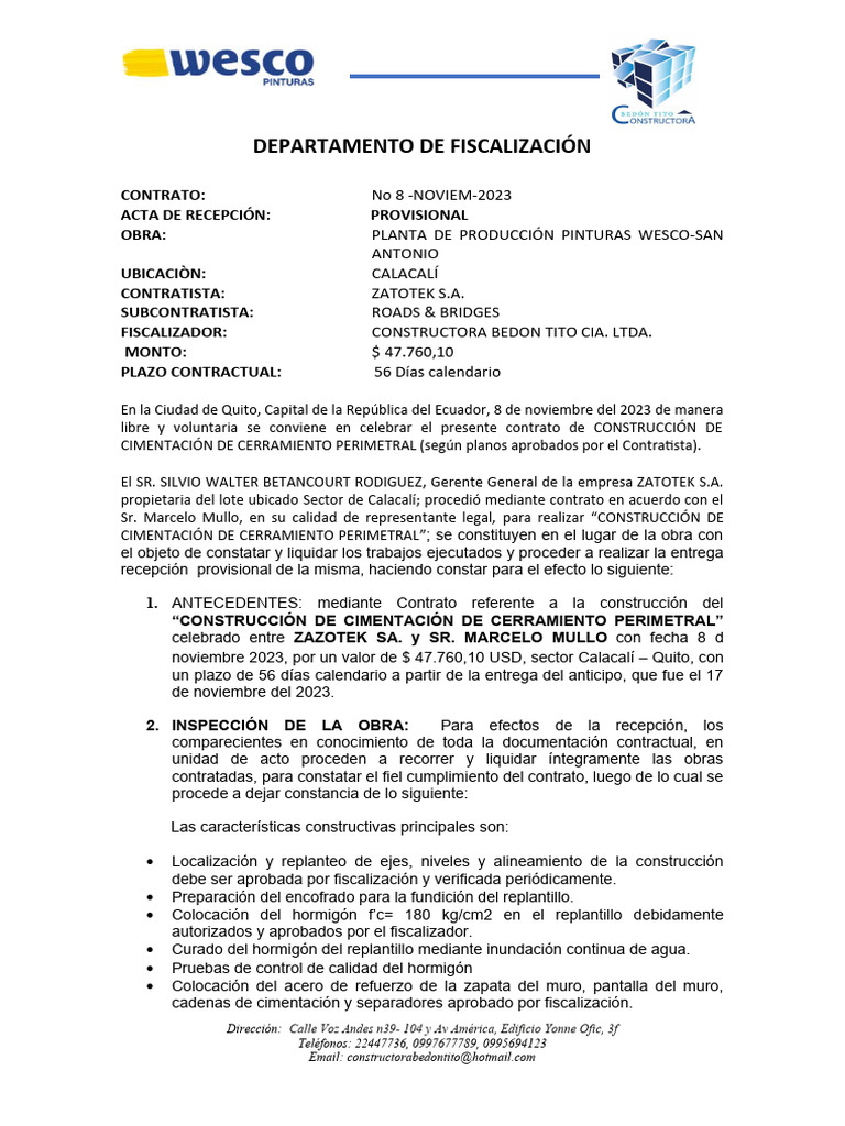 Informe Recepcion Provisional | PDF