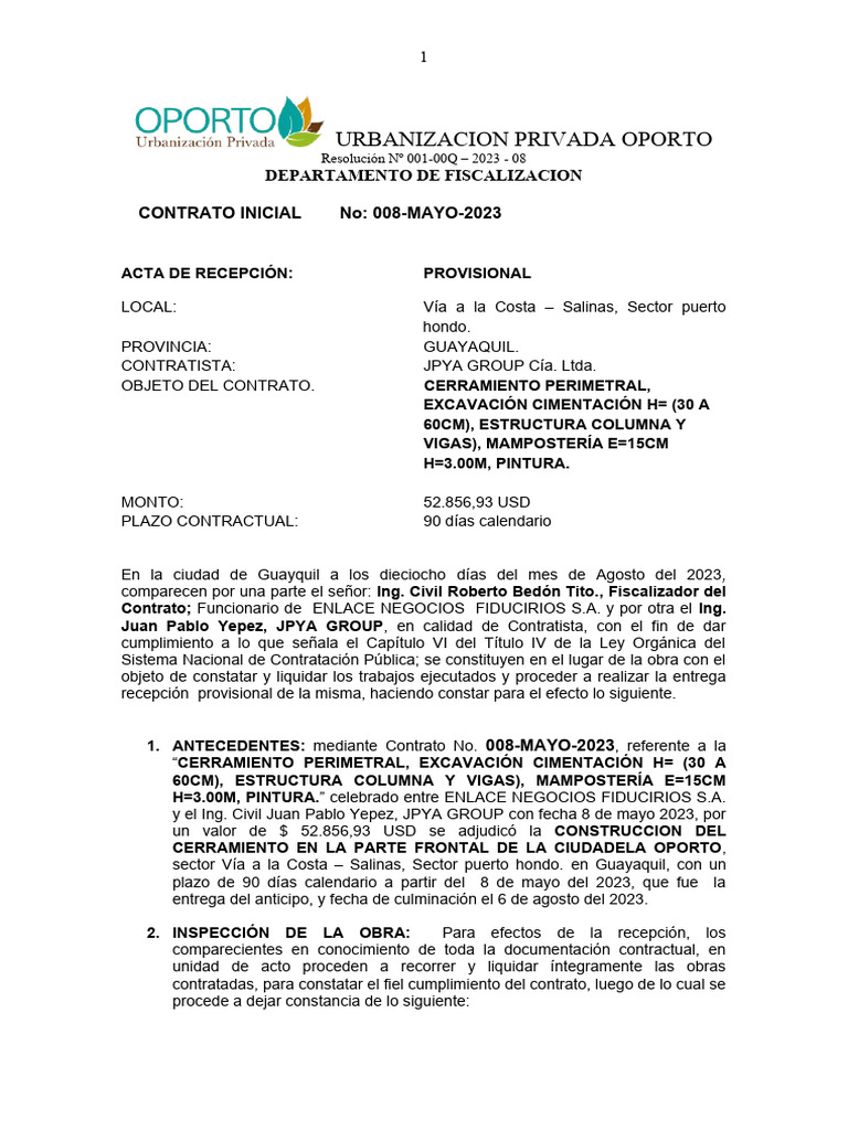 001 Acta Provisional Recepcion | PDF | Hormigón | Fundación (Ingeniería)