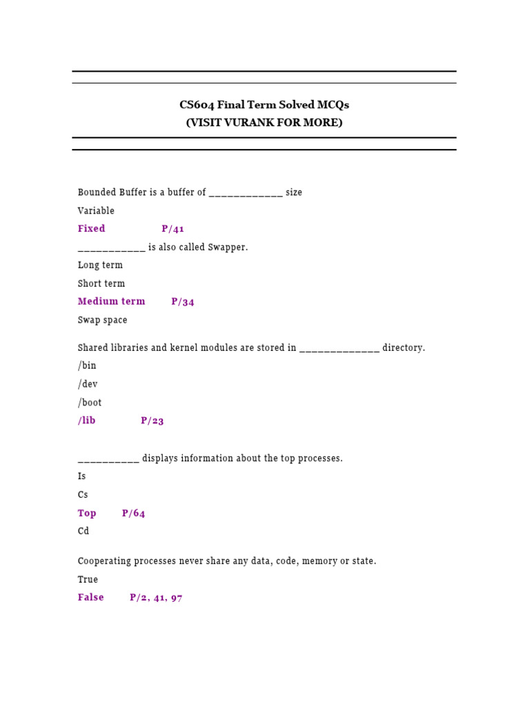 Cs604 Final Term Solved MCQs With Reference | PDF | Scheduling (Computing) | Process (Computing)