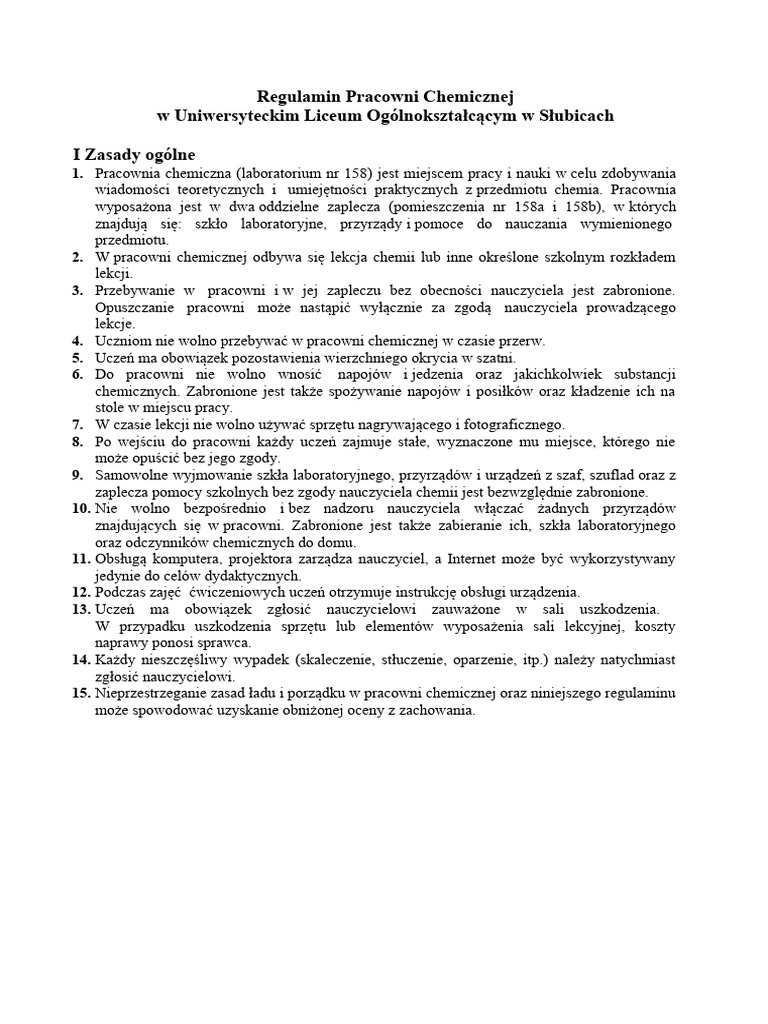 Regulamin Pracowni Chemicznej2020 | PDF