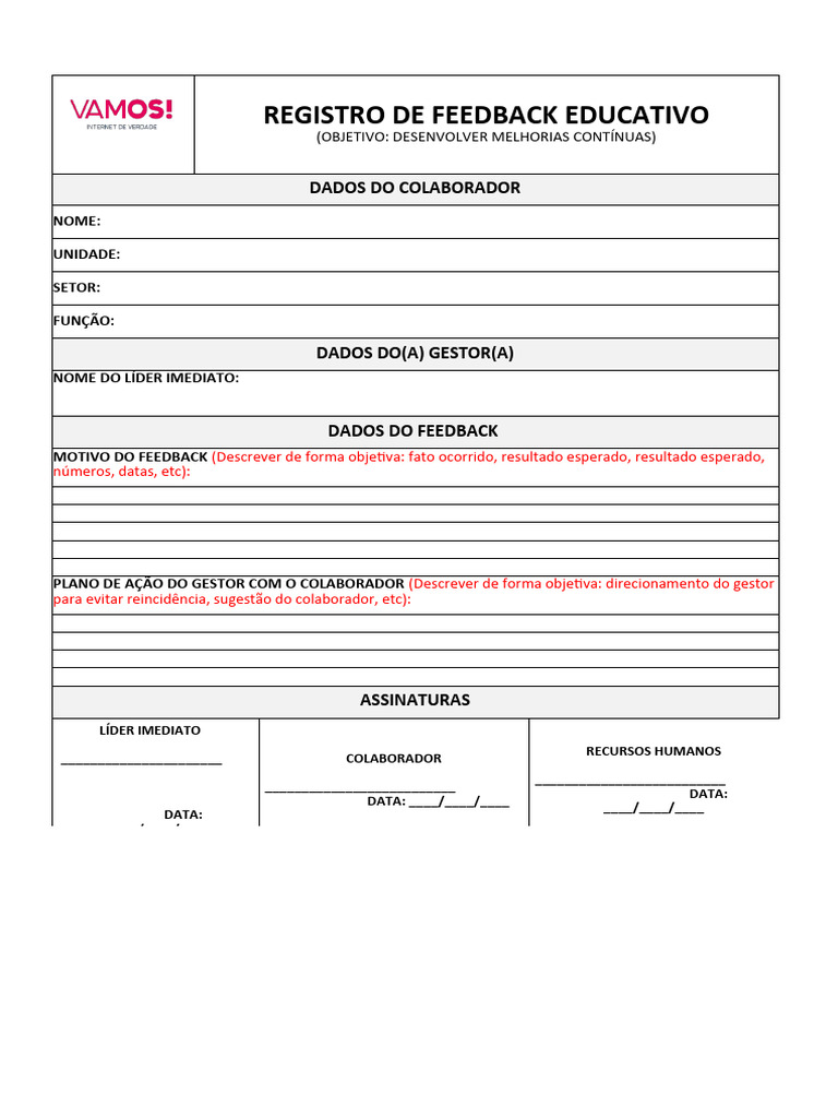 Modelo Formulário para Registro de Feedbacks | PDF
