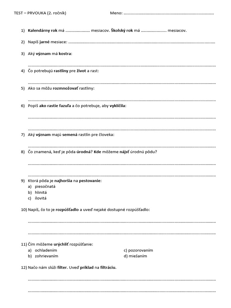 Testik PRVOUKA 2 Rocnik | PDF