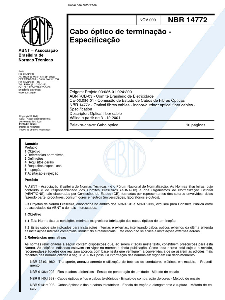 NBR 14772 - Cabo Optico de Terminacao - Especificacao | PDF | Fibra ...