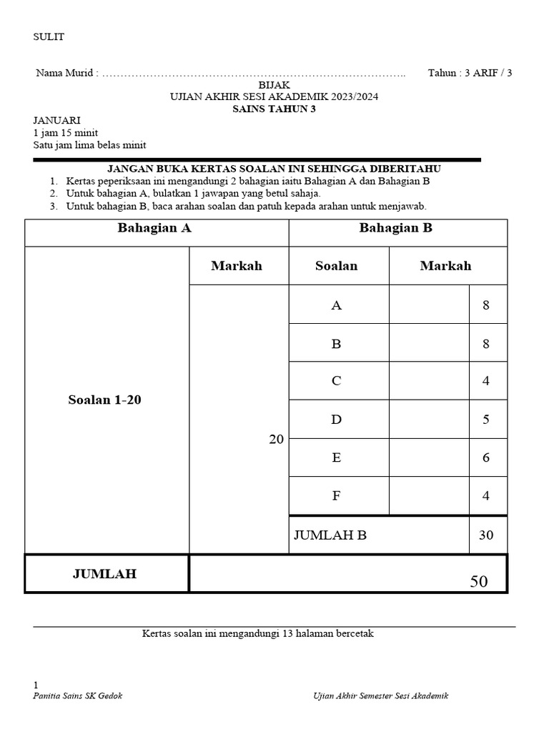 Uasa Sains Tahun 3 2023 Pdf