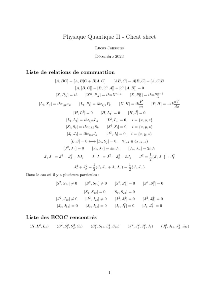 Physique Quantique II Cheat Sheet | PDF