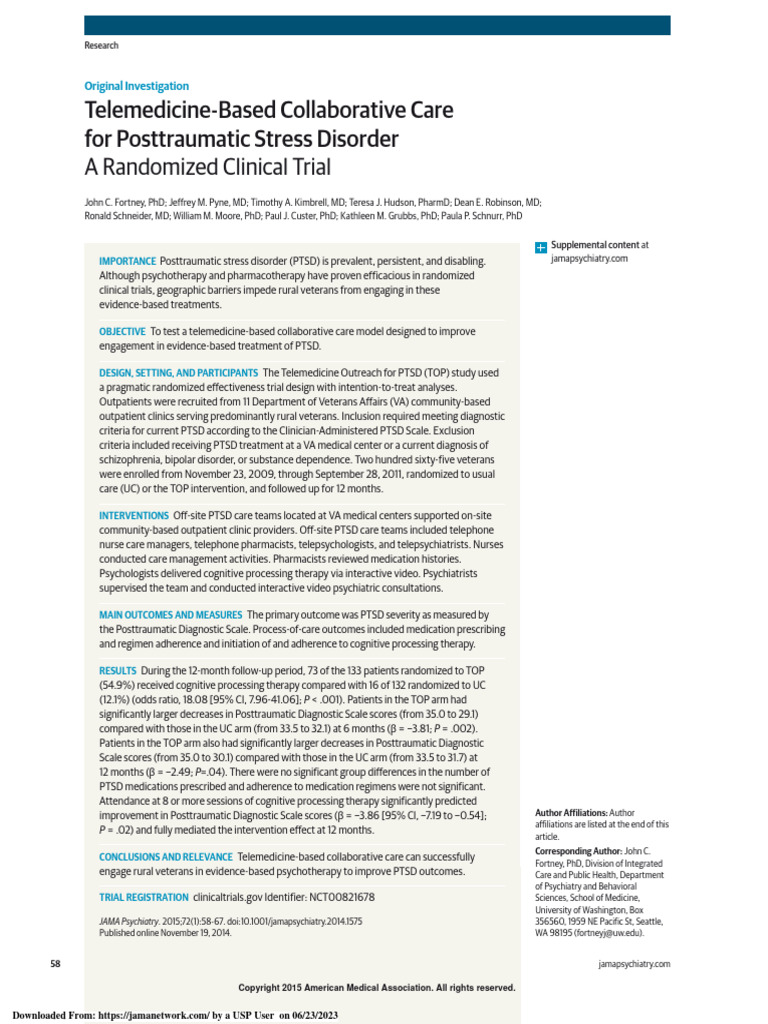 RCT - Telemedicine-Based Collaborative Care For Posttraumatic Stress ...