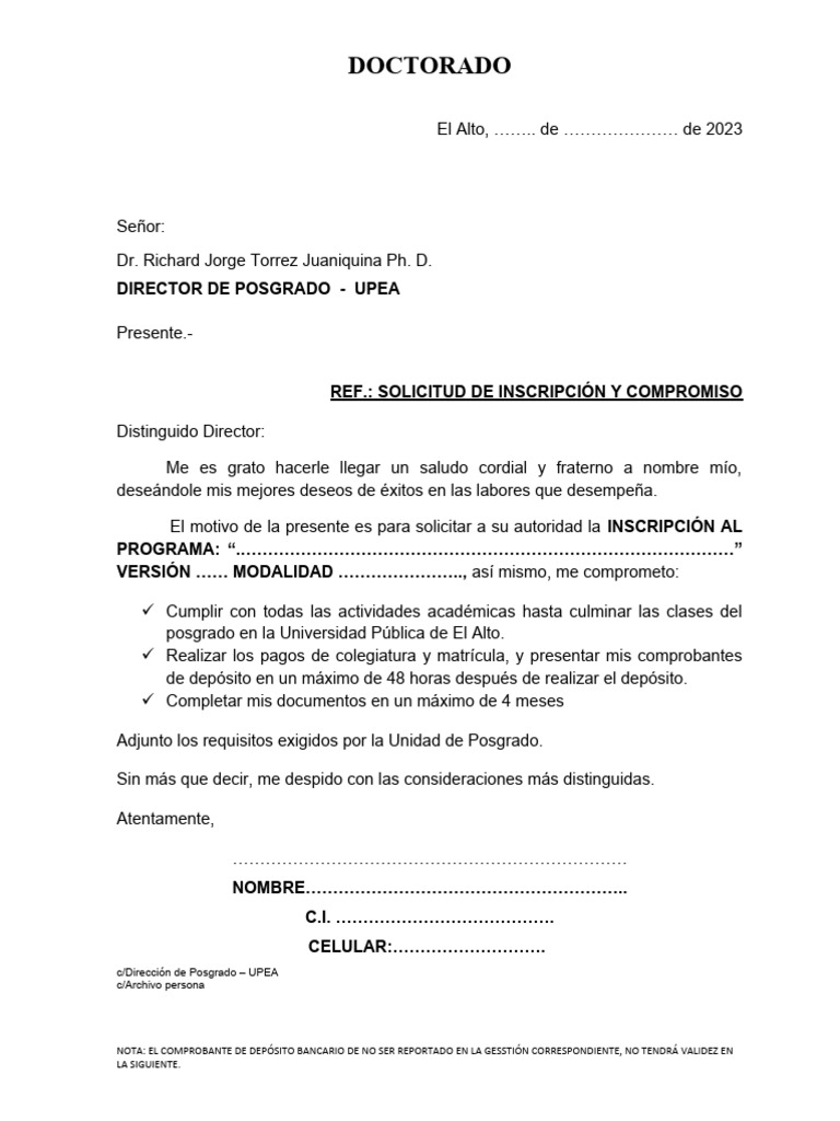 Modelo de Cartas Doctorado 2023 | PDF | Academia | Titulo academico