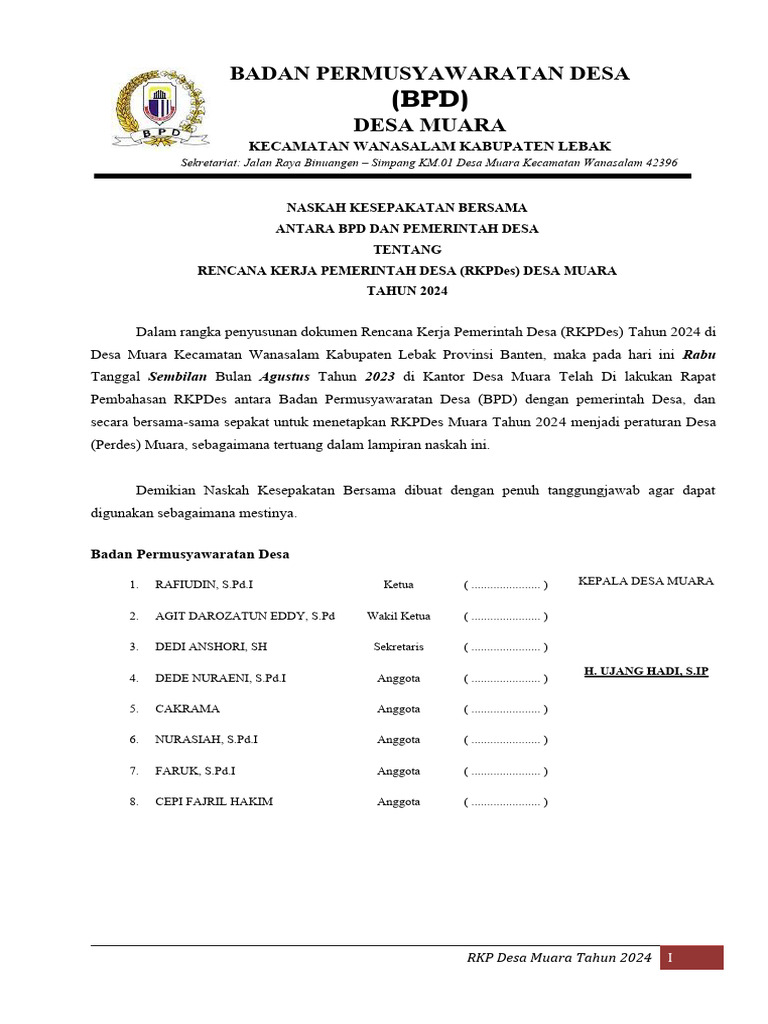 RKPDes+Tahun+Anggaran+2024 - FRZQCM - 1. BAGIAN I 2024 NASKAH KESEPAKATAN | PDF