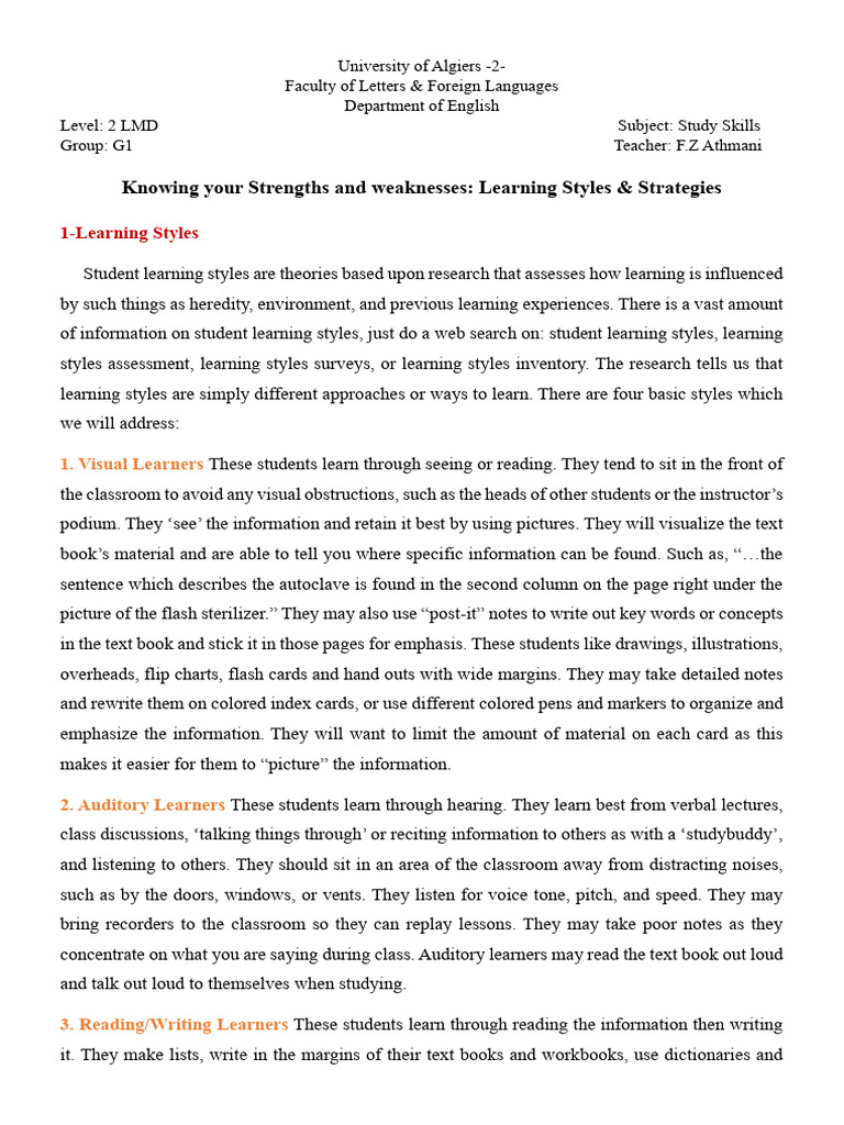 Learning Styles And Strategies Pdf Learning Affect Psychology