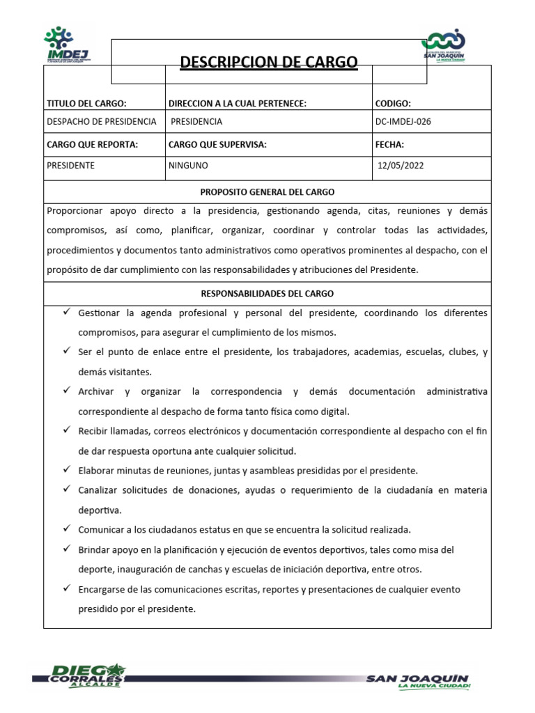 Descripcion de Cargo Despacho Presidencia | PDF