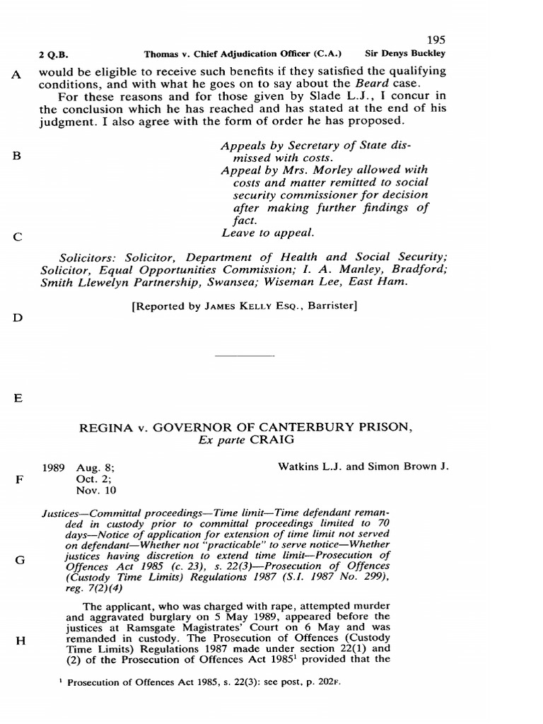REGINA v. GOVERNOR OF CANTERBURY PRISON, Ex Parte CRAIG (1991) 2 Q.B ...