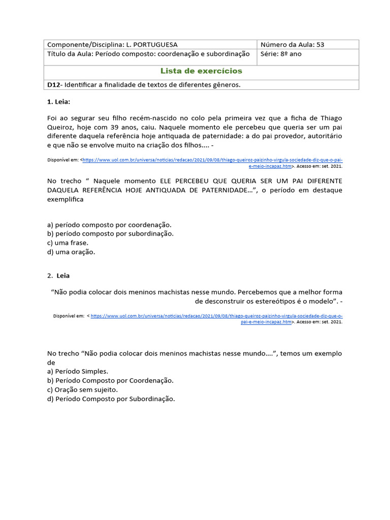 Atividade 8º Período Composto Coor e Subor | PDF