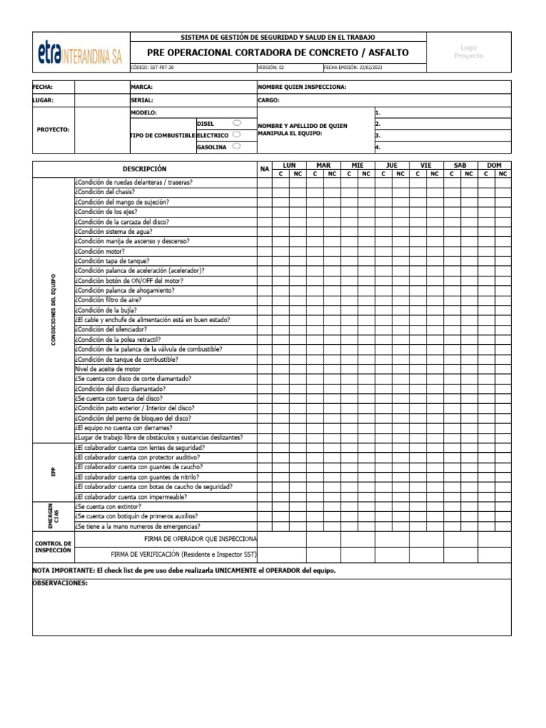 Sst-frt-28 Formato Preoperacional Cortadora | PDF