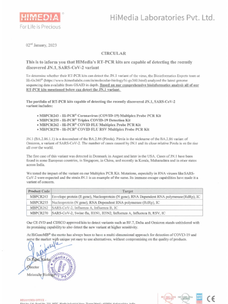 Circular for export- RT-PCR kits -capable of detecting JN.1, SARS-CoV-2 ...