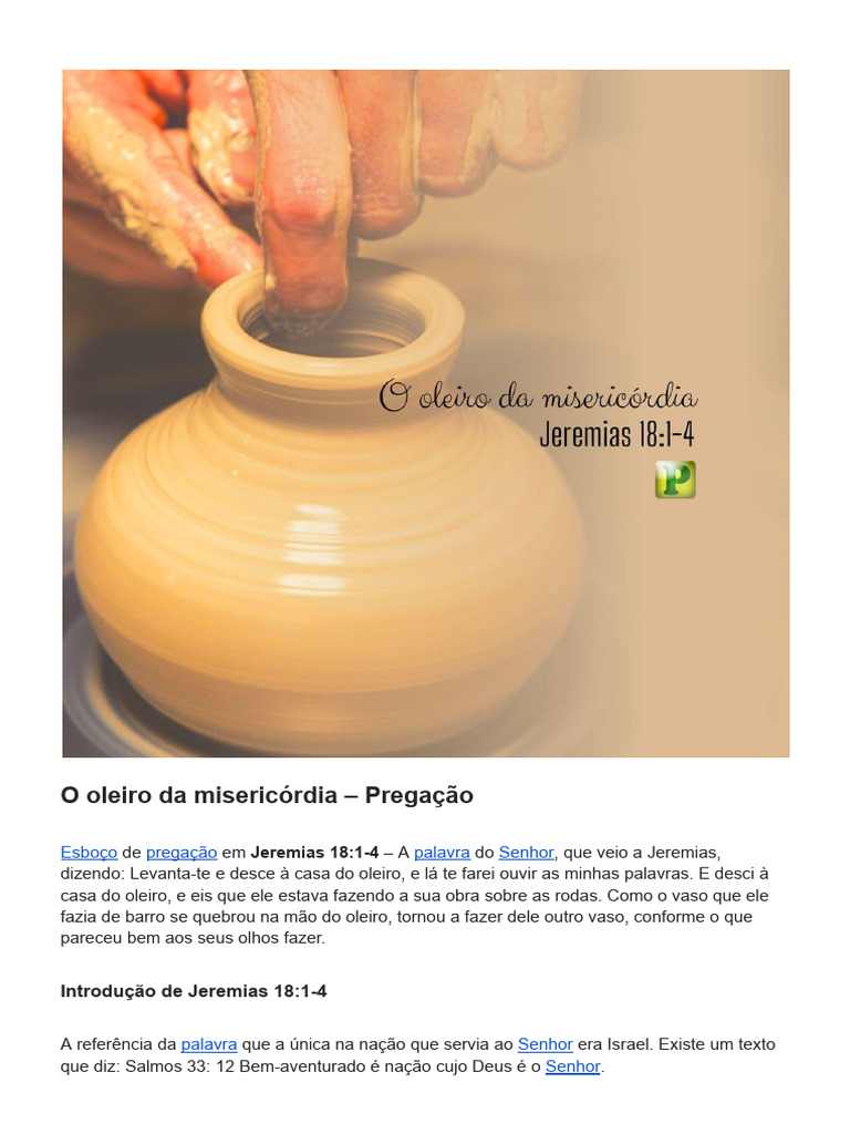 Jeremias 18 O Oleiro E O Vaso Pdf Jeremias Cerâmica