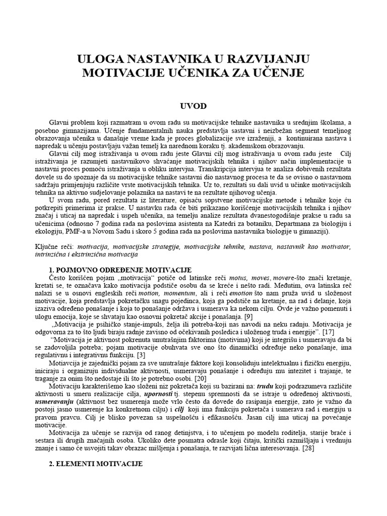 Uloga Nastavnika U Razvijanju Motivacije Učenika Za Učenje | PDF