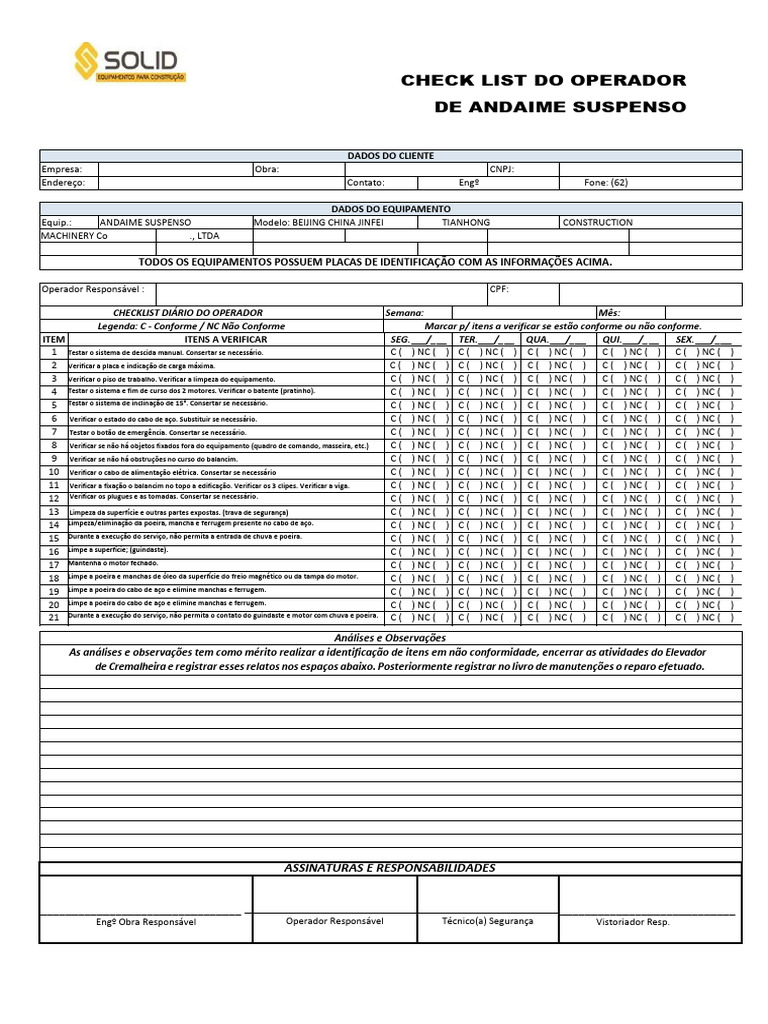 Check List Diário Do Operador (Semanal) | PDF