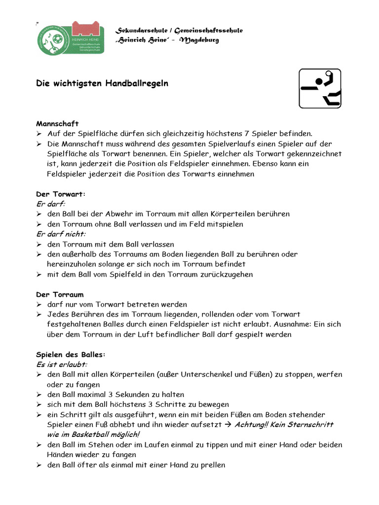 Die Wichtigsten Handballregeln Fuer Die Schule | PDF
