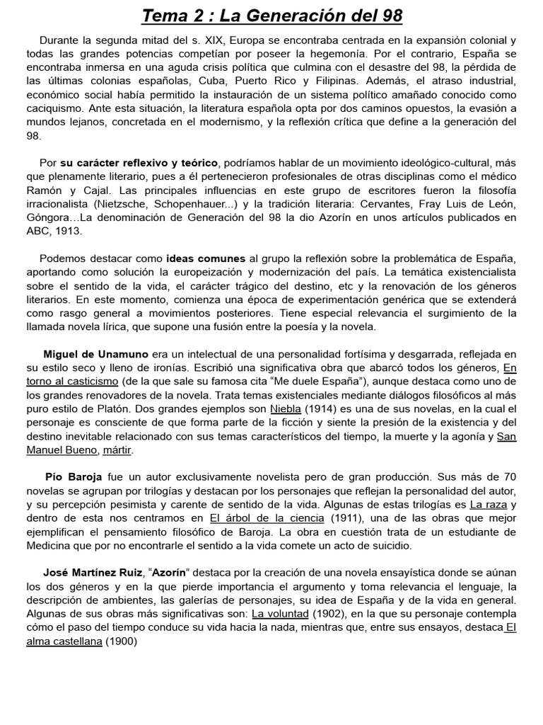 Tema 2 - La Generación Del 98 | PDF | Novelas | España