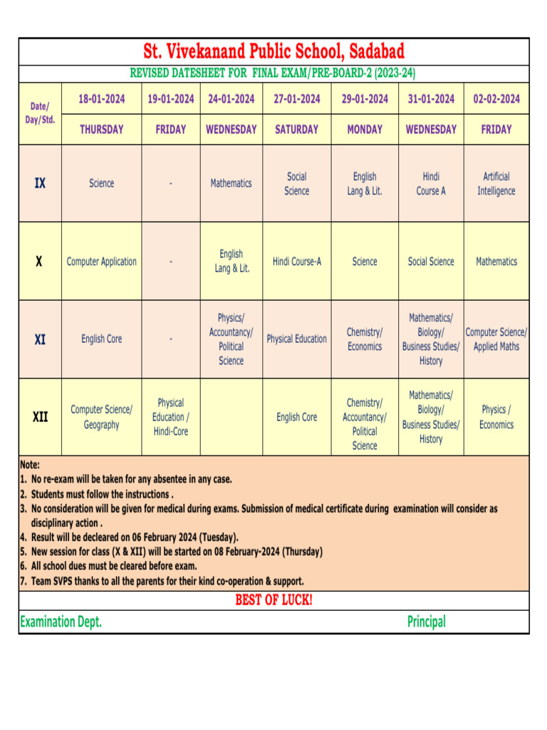 Date Sheet Pre-Board-2 FINAL EXAM (2023-24) - 2 | PDF | Applied Mathematics | Science