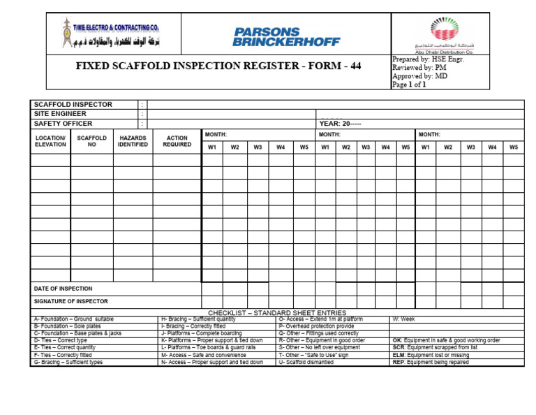 Scaffold Inspection Register Form 44 | PDF | Scaffolding | Safety