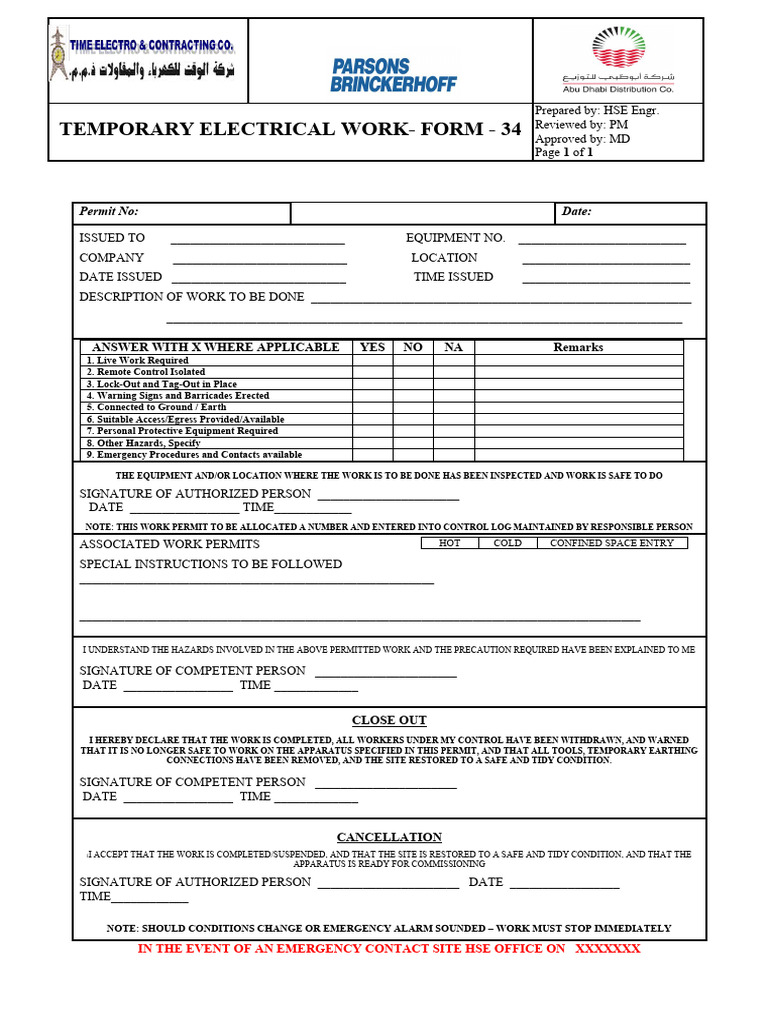 Form 34 Temporary Electrical Work | PDF | Safety | Occupational Safety ...