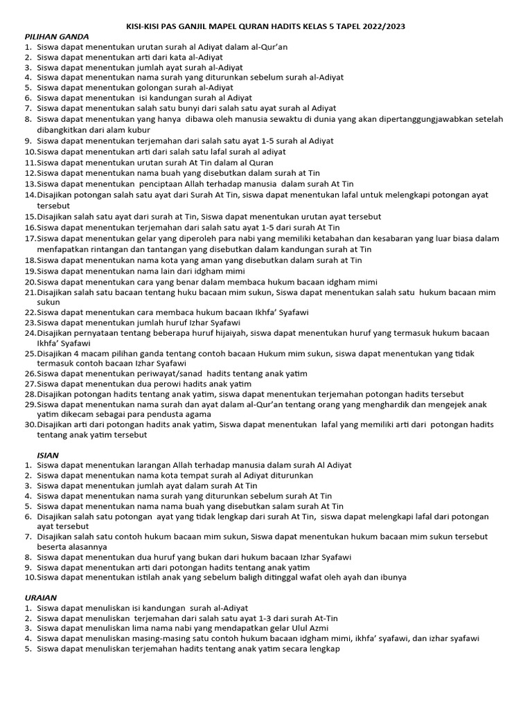 Kisi-Kisi Pas Ganjil Quran Hadits Kelas 5 | PDF