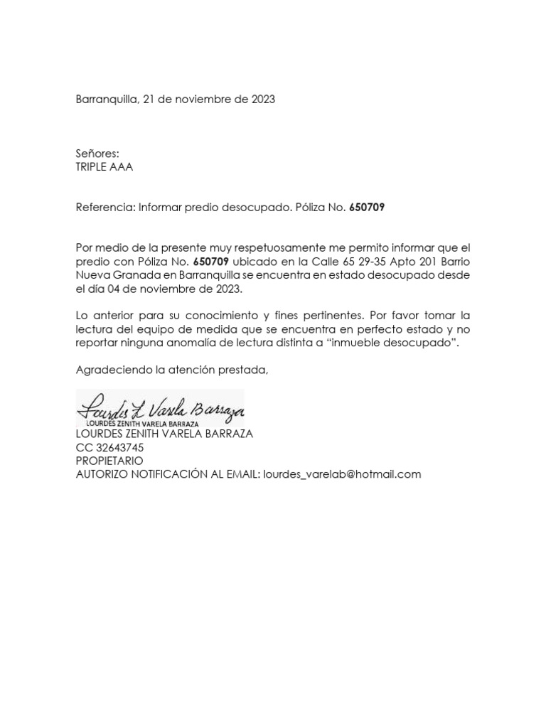 Notificación de Inmueble Desocupado | PDF | Derecho