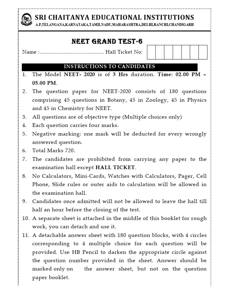 NEET Grand Test Instructions & Format | PDF | Anatomy