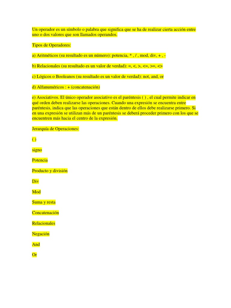 Tipos y jerarquía de operadores en programación | PDF