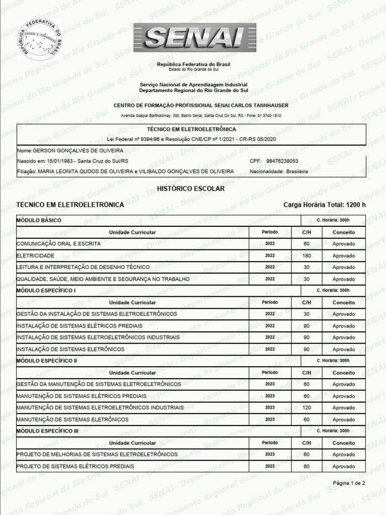SENAI - Histórico Escolar Curso Técnico 3616 (1) | PDF