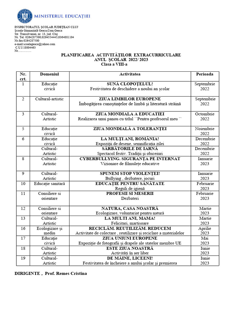 VII - Planificarea - Activitatilor - Extrascolare 2022-2023 | PDF