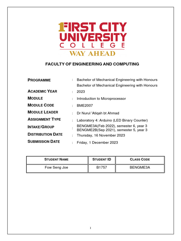 Fow Seng Joe (B1757) - LAB 4-Arduino (LED Binary Counter) | PDF | Arduino | Electrical Engineering