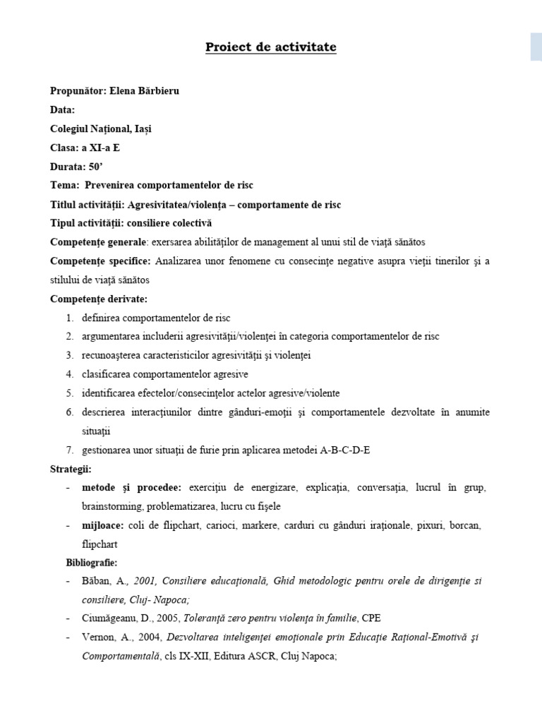 Proiect Lectie Consiliere Si Orientare - Comportamente de Risc Violenta | PDF
