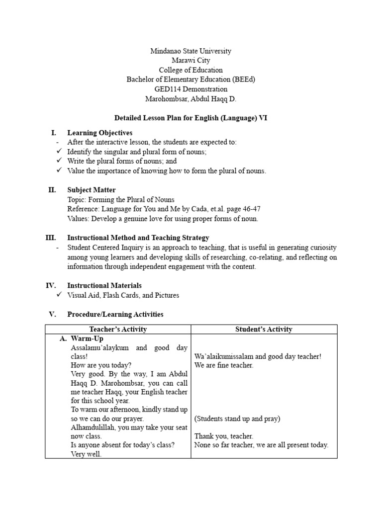 GED114 Detailed Lesson Plan | PDF | Plural | Noun