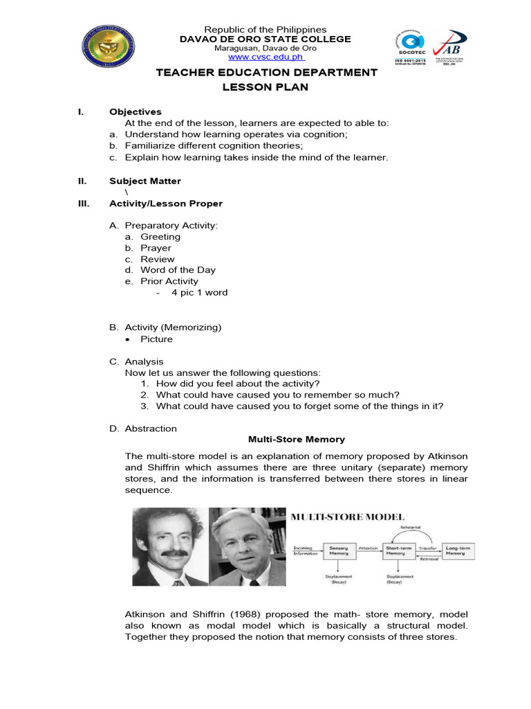 Ped 3 Lesson Plan | PDF | Memory | Long Term Memory
