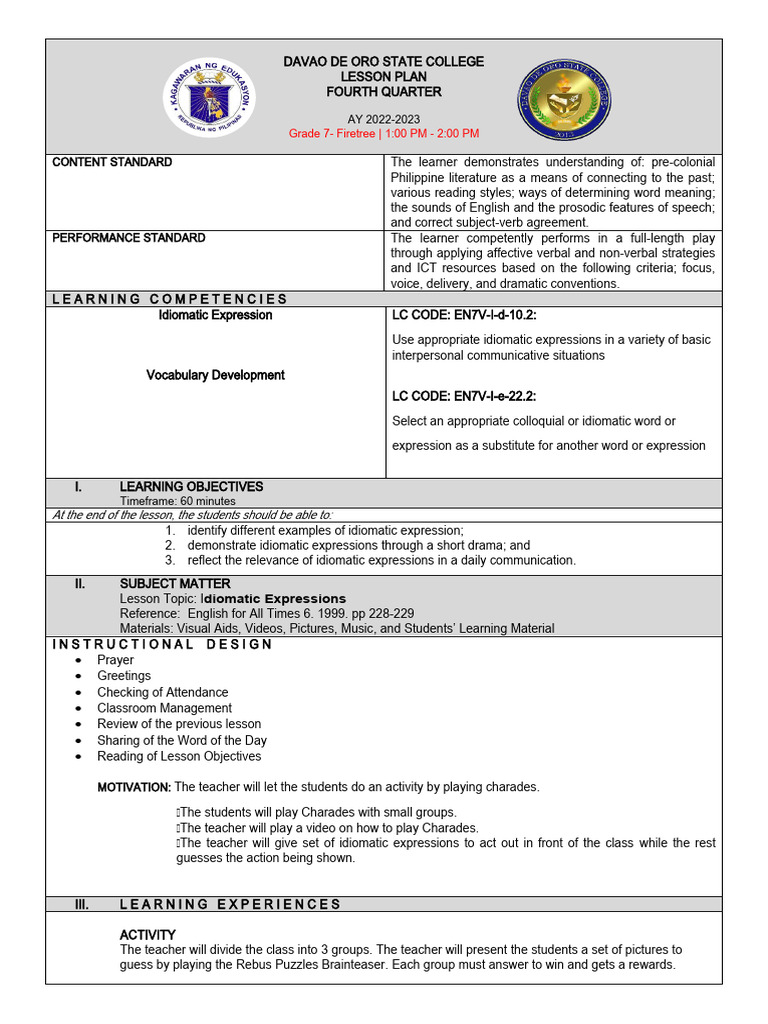 Sample 4as Lesson Plan English Pdf Lesson Plan English Language