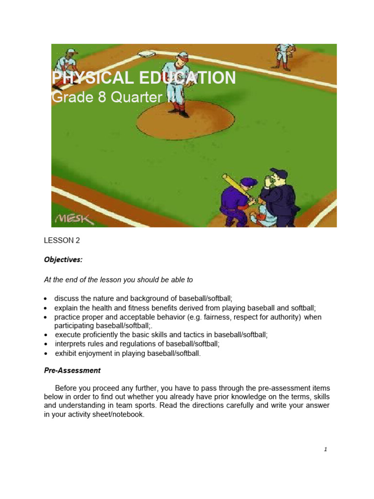 Grade 8 Physical Education 2nd Quarter | PDF | Softball | Pitcher