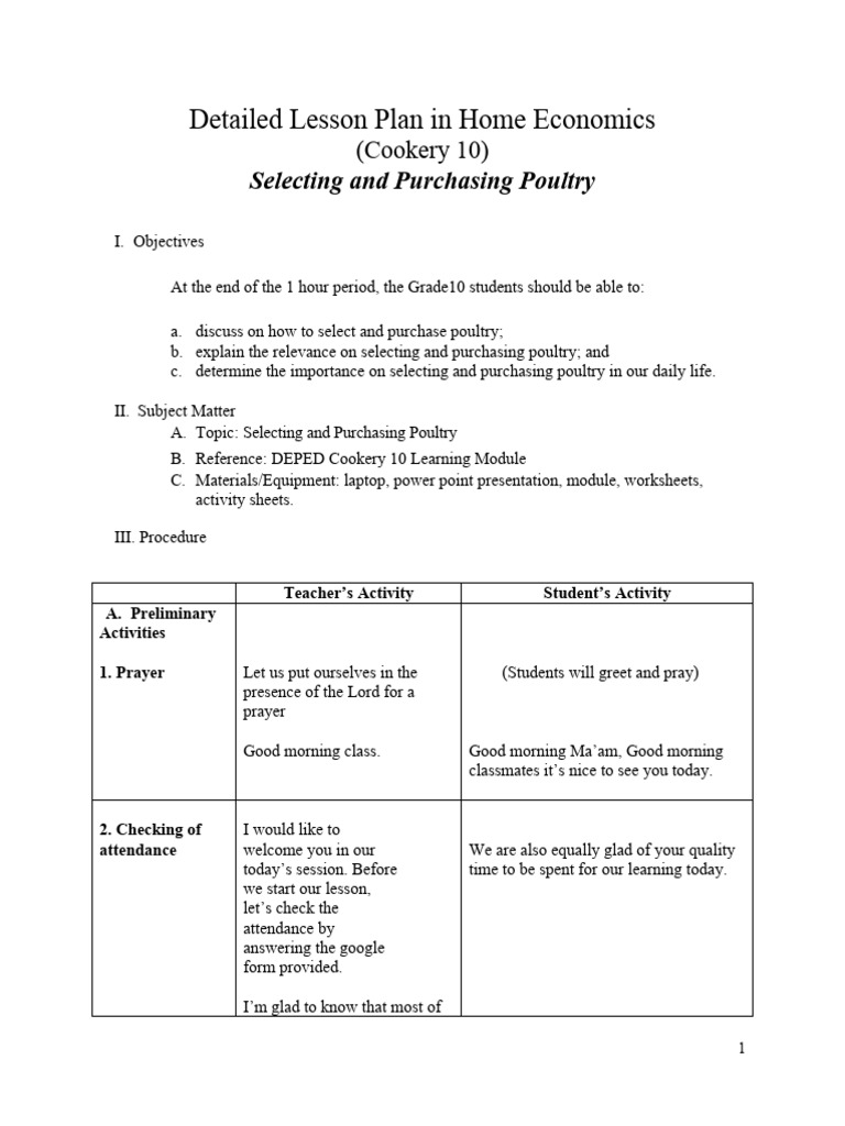 Selecting And Purchasing Poultry Lesson Plan 1 Pdf