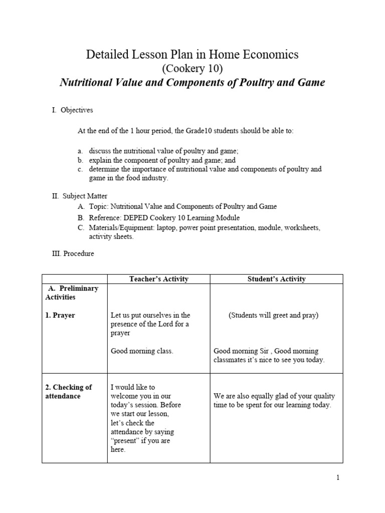 Nutritional Value and Components of Poultry and Game LESSON PLAN 1 ...