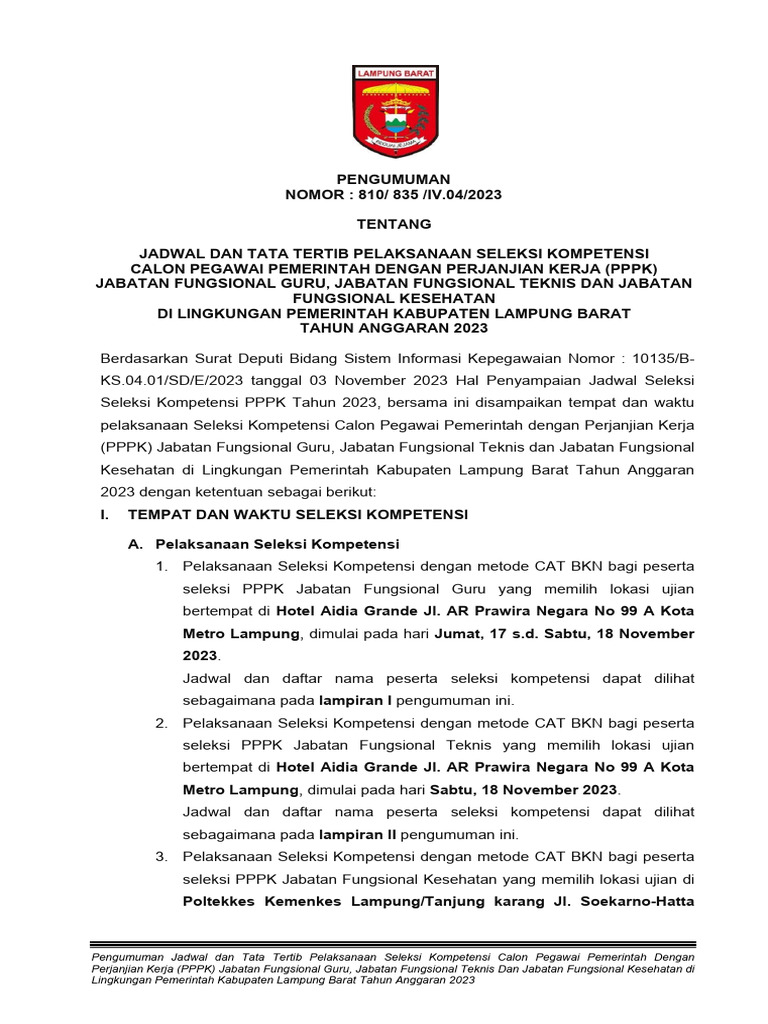 Pengumuman Seleksi Kompetensi CASN Lambar 2023 | PDF