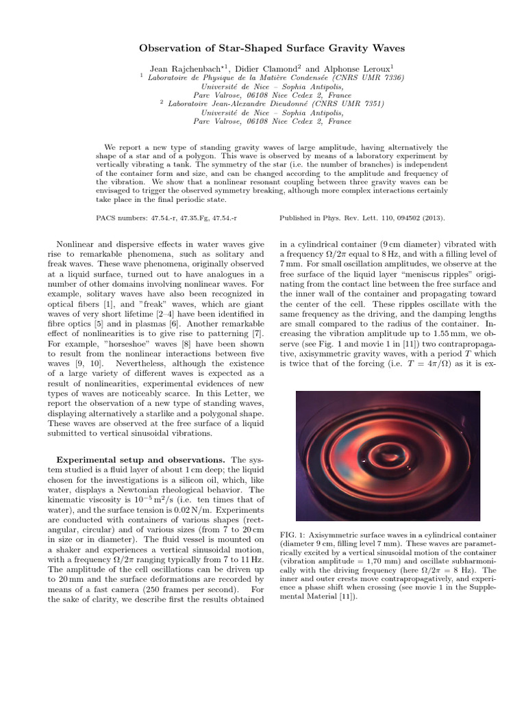 Observation of Star-Shaped Surface Gravity Waves - Jean Rajchenbach - Didier Clamond and ...