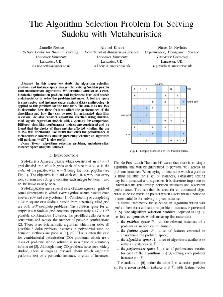The Algorithm Selection Problem For Solving Sudoku With Metaheuristics