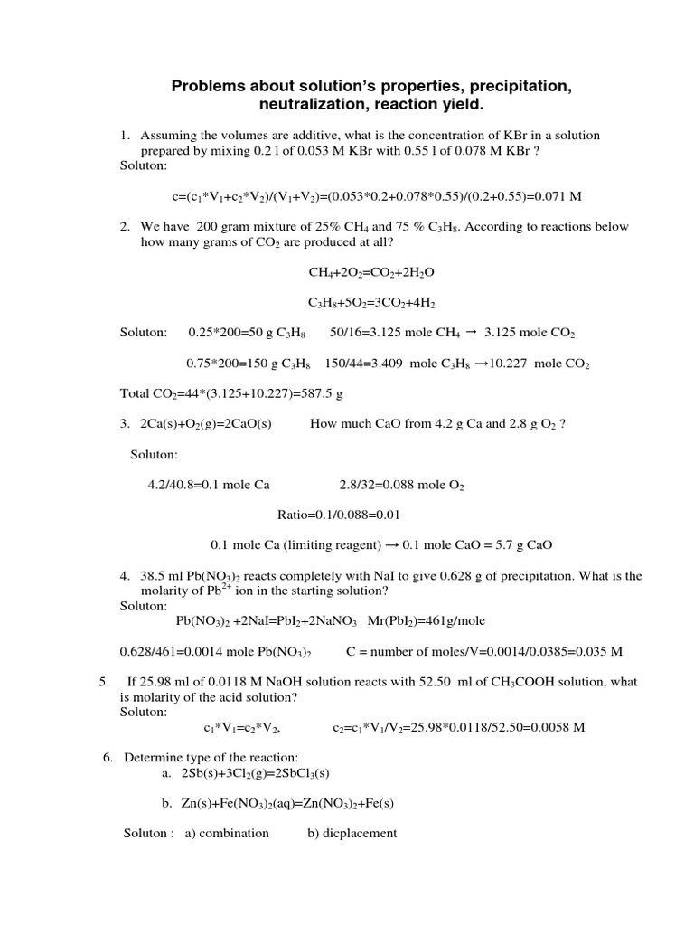 Problems About Solution's Properties Precipitation Neutralization ...